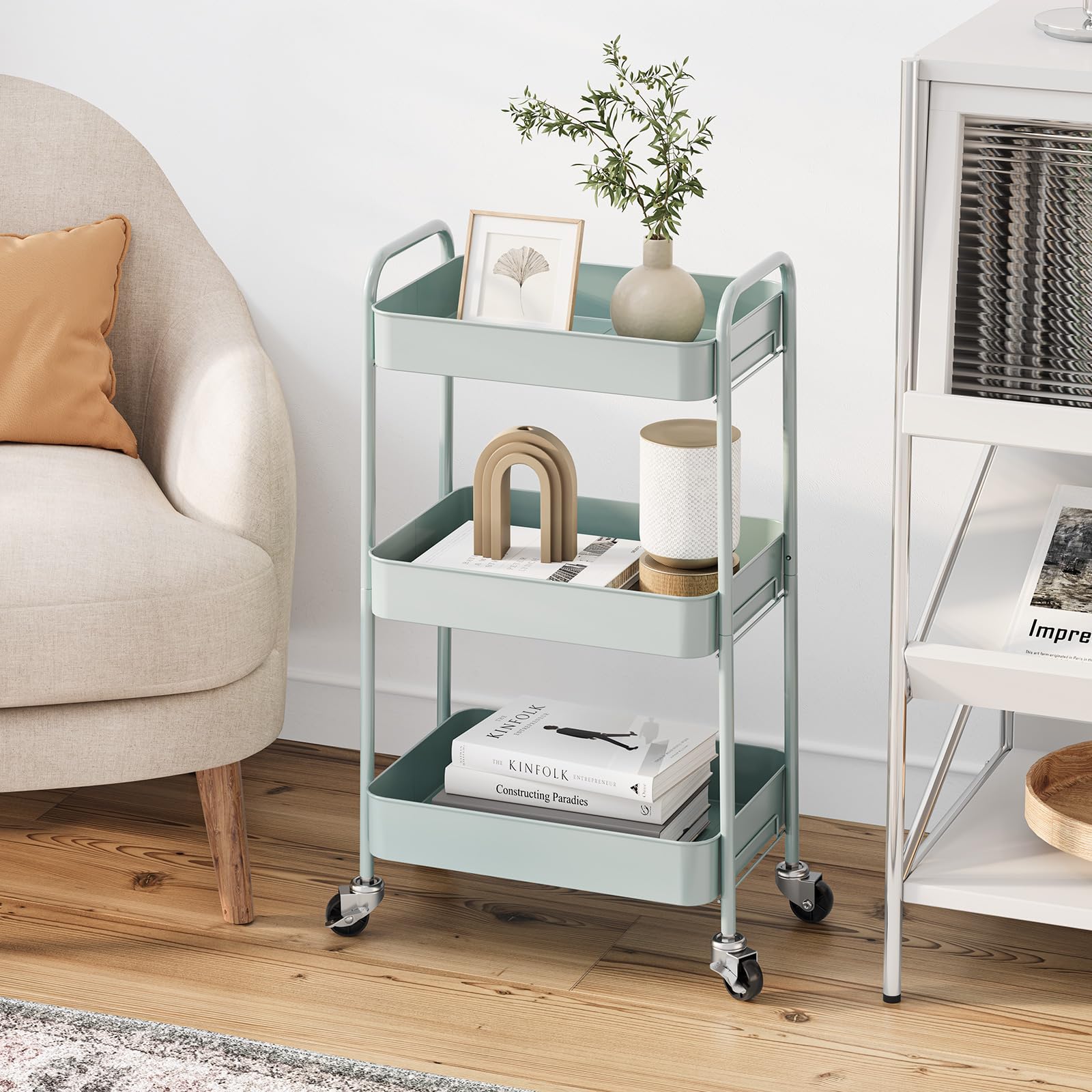 TOOLF 3-Tier Rolling Cart, Easy Assembly Metal Utility Cart with Lockable Wheels, Storage Craft Art Cart Trolley Organizer Serving Cart for Office, Bathroom, Kitchen, Kids' Room, Green