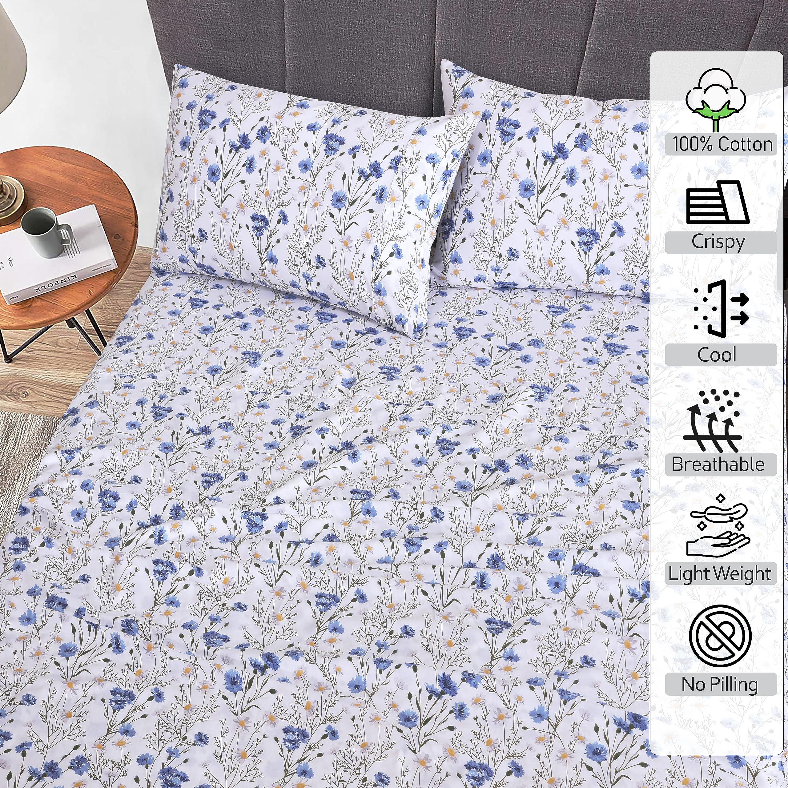 RUVANTI 100% Cotton Sheets - Crispy Cooling Percale Sheets for Full Size Bed, Breathable & Durable Full Sheet Set, 16 Inches Deep Pocket Bed Sheets, Sweet Pea, 4 Pieces