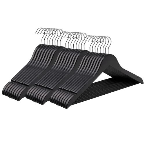 FLASHPRIX Set of 24 Black Hangers, Black Wooden Hangers, Trouser Bar and Notches for Shoulders, 360° Rotating Hook, Hangers for Jackets, Suits, Coats, Sweatshirts