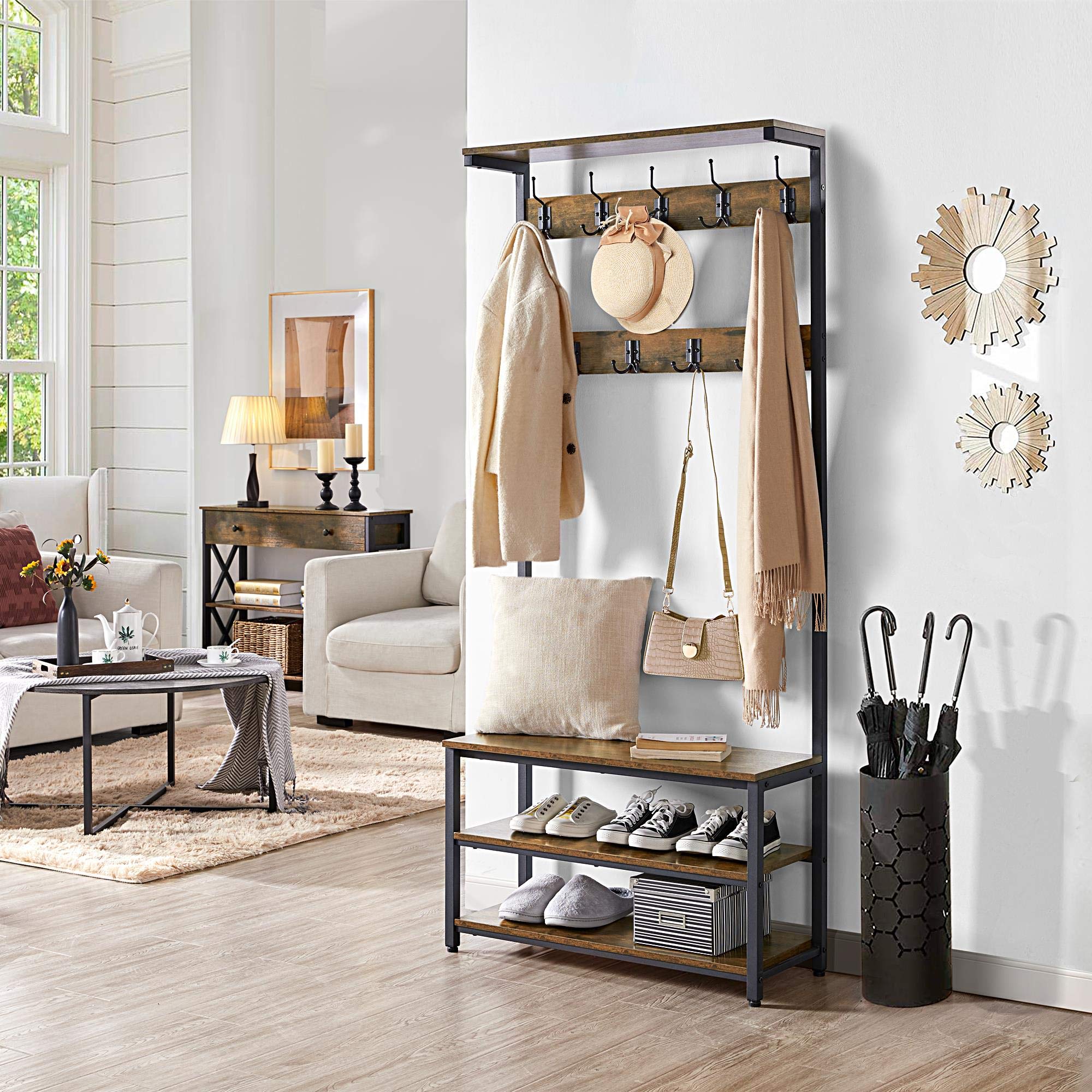 Yaheetech 3-in-1 Design Hall Tree Coat Rack Shoe Bench with 23 Hooks, Entryway Storage Shelf Bench with Metal Frame, Industrial Accent Furniture for Mudroom & Hallway, Easy Assembly, Rustic Brown