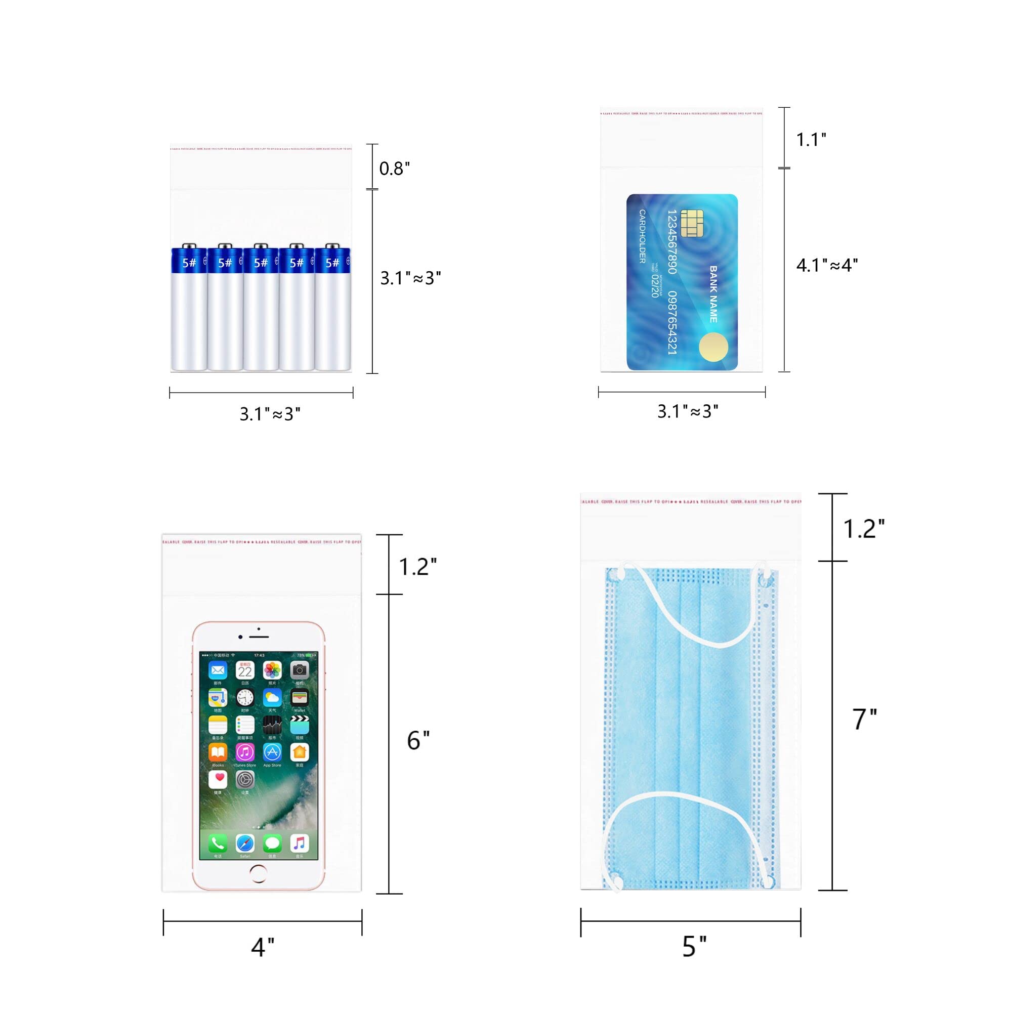 Doutop Clear Tiny Cello Bags 3x4 200pcs Self-Sealing Cellophane Bags OPP Poly Plastic Bags for Jewelry Earrings Candies Bakery Candle Soap Cookie (9 Sizes to Choose from)