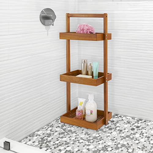 Utoplike Teak Wood Shower Caddy Corner 3 Tier Standing Shower Organizer and 24 x 16 inch Teak Wood Bath Mat