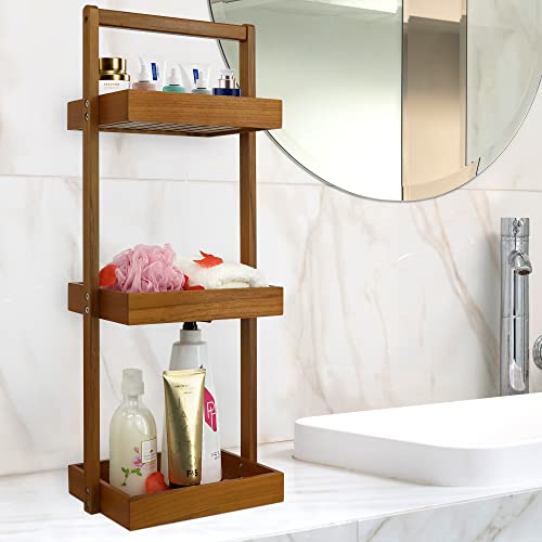 Utoplike Teak Wood Shower Caddy Corner 3 Tier Standing Shower Organizer and 24 x 16 inch Teak Wood Bath Mat