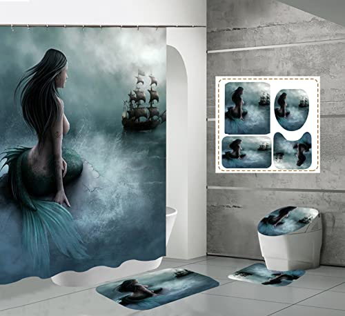 Nelbonls Mermaid Bathroom Sets with Shower Curtain and Rugs, Toilet Lid Cover, Bath Mat, Bathroom Decor Shower Curtians with Hooks, Waterproof Shower Curtain Set 70.9"x59.0"