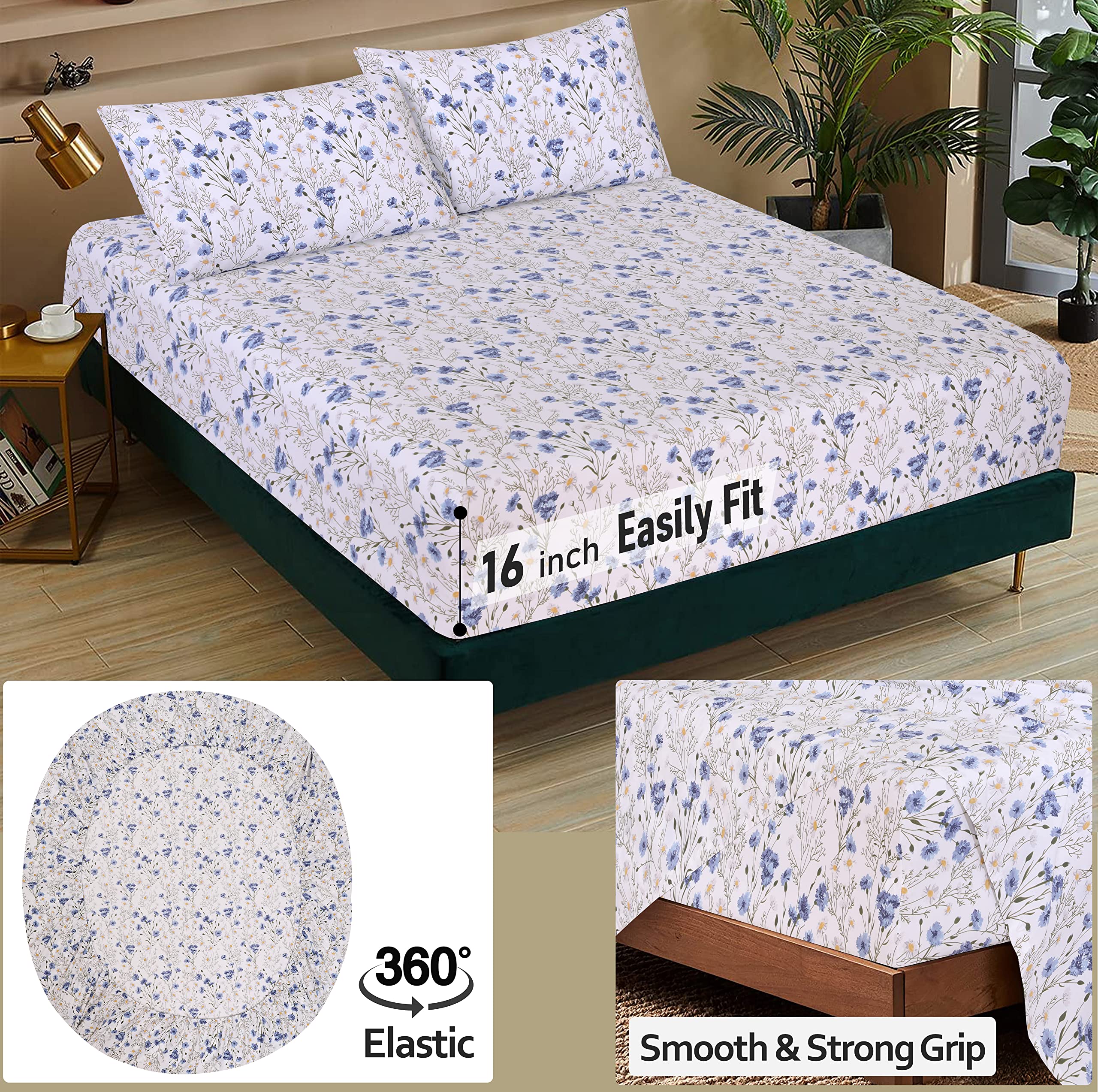 RUVANTI 100% Cotton Sheets - Crispy Cooling Percale Sheets for Full Size Bed, Breathable & Durable Full Sheet Set, 16 Inches Deep Pocket Bed Sheets, Sweet Pea, 4 Pieces