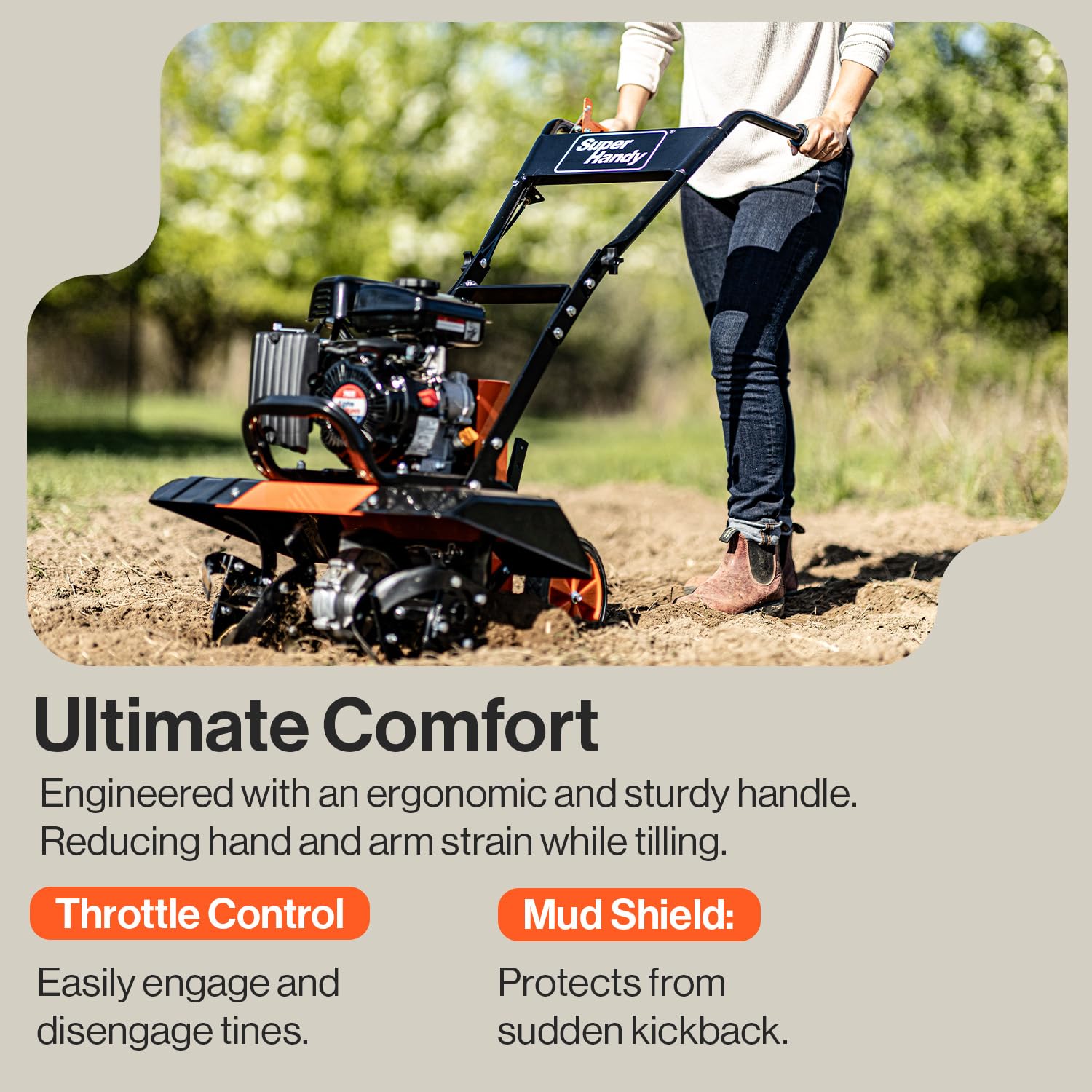 SuperHandy Tiller Cultivator 2.5HP 79cc 4 Stroke Ultra Duty 4 Premium Steel Adjustable Forward Rotating Tines for Garden, Lawn, Digging, Root/Weed Removal and Soil Cultivation