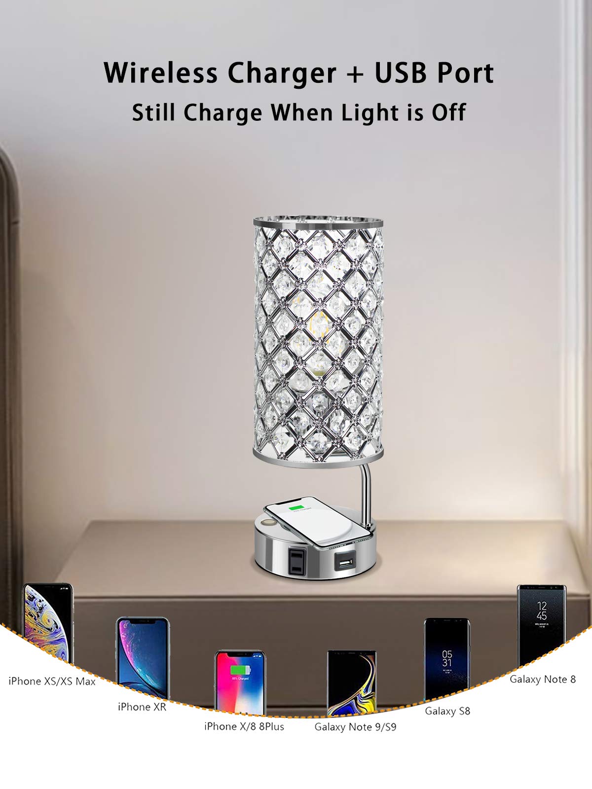 Touch Control Crystal Table Lamp, 3 Way Dimmable Wireless Charging Table Lamp, USB Bedside Light with Crystal Shade, Modern Nightstand Lamps for Bedroom Living Room (Bulb Included) (Silver)