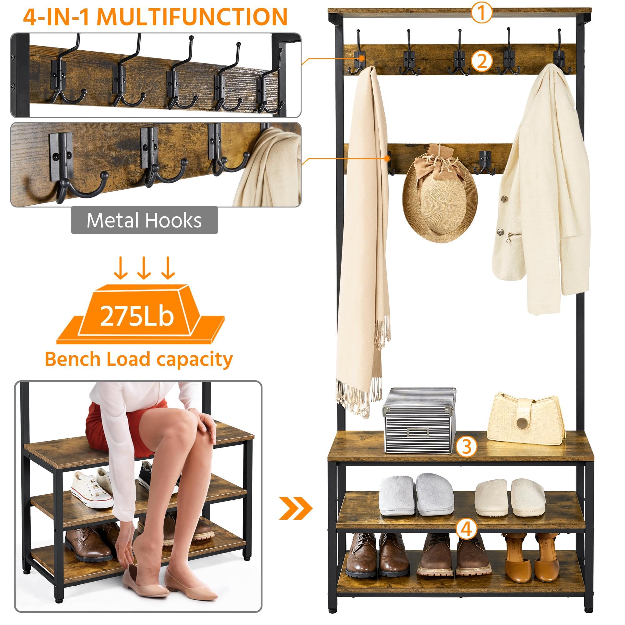Yaheetech 3-in-1 Design Hall Tree Coat Rack Shoe Bench with 23 Hooks, Entryway Storage Shelf Bench with Metal Frame, Industrial Accent Furniture for Mudroom & Hallway, Easy Assembly, Rustic Brown