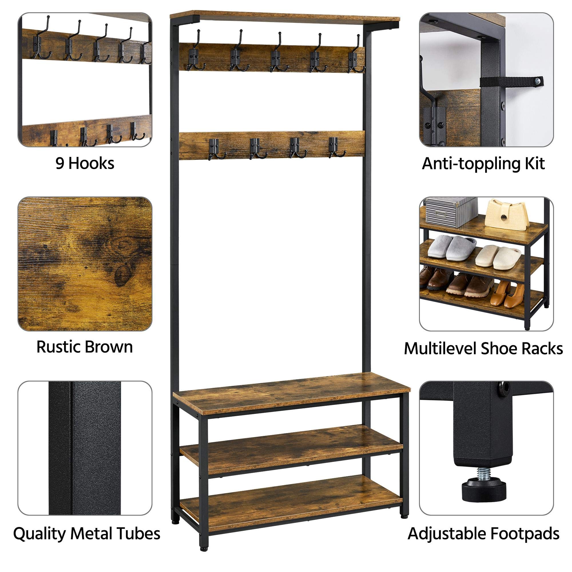 Yaheetech 3-in-1 Design Hall Tree Coat Rack Shoe Bench with 23 Hooks, Entryway Storage Shelf Bench with Metal Frame, Industrial Accent Furniture for Mudroom & Hallway, Easy Assembly, Rustic Brown