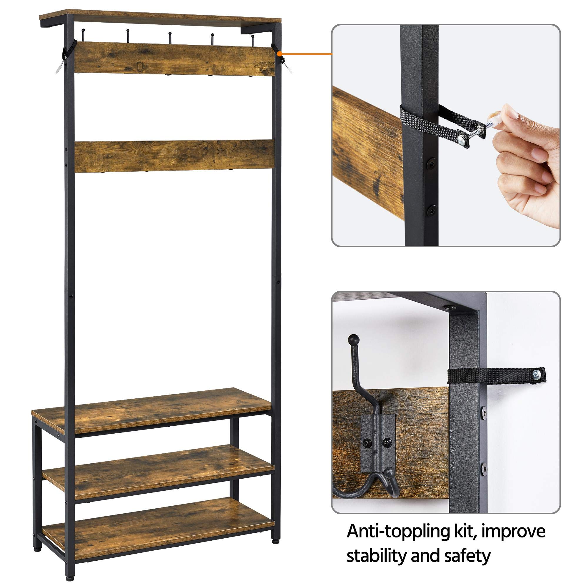 Yaheetech 3-in-1 Design Hall Tree Coat Rack Shoe Bench with 23 Hooks, Entryway Storage Shelf Bench with Metal Frame, Industrial Accent Furniture for Mudroom & Hallway, Easy Assembly, Rustic Brown