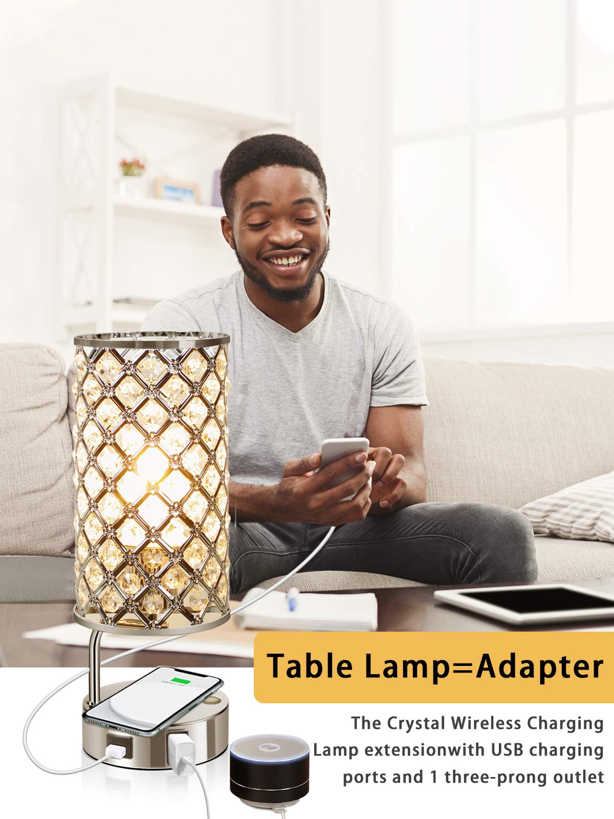 Touch Control Crystal Table Lamp, 3 Way Dimmable Wireless Charging Table Lamp, USB Bedside Light with Crystal Shade, Modern Nightstand Lamps for Bedroom Living Room (Bulb Included) (Silver)