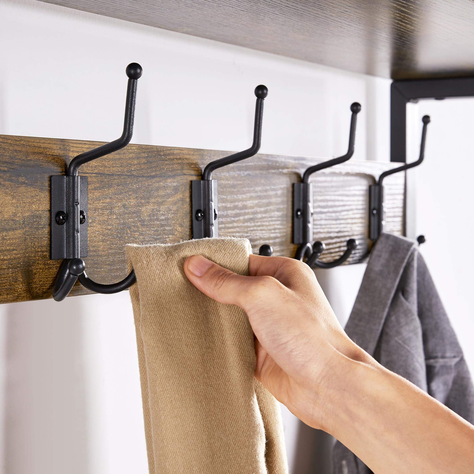 Yaheetech 3-in-1 Design Hall Tree Coat Rack Shoe Bench with 23 Hooks, Entryway Storage Shelf Bench with Metal Frame, Industrial Accent Furniture for Mudroom & Hallway, Easy Assembly, Rustic Brown