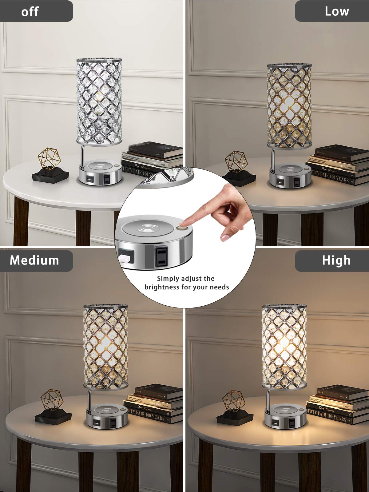 Touch Control Crystal Table Lamp, 3 Way Dimmable Wireless Charging Table Lamp, USB Bedside Light with Crystal Shade, Modern Nightstand Lamps for Bedroom Living Room (Bulb Included) (Silver)