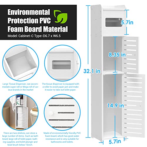 Bathroom Storage Cabinet for Small Space with Doors and Shelves, 4-Tiers Narrow Bathroom Cabinet,Waterproof Toilet Paper Storage Organizer with Toilet Paper Roller,Accommodate Mega Rolls(White)