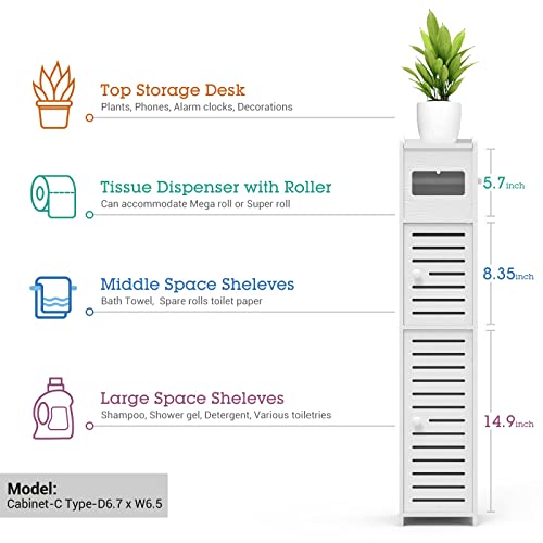Bathroom Storage Cabinet for Small Space with Doors and Shelves, 4-Tiers Narrow Bathroom Cabinet,Waterproof Toilet Paper Storage Organizer with Toilet Paper Roller,Accommodate Mega Rolls(White)