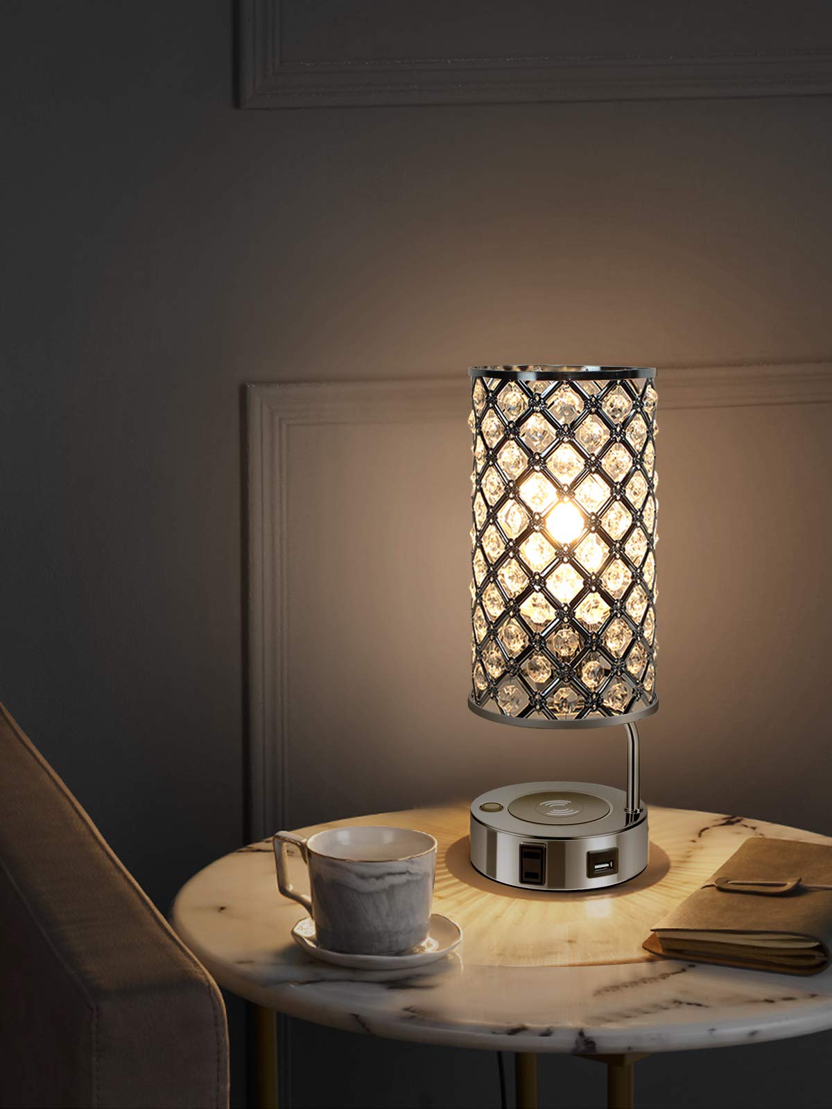 Touch Control Crystal Table Lamp, 3 Way Dimmable Wireless Charging Table Lamp, USB Bedside Light with Crystal Shade, Modern Nightstand Lamps for Bedroom Living Room (Bulb Included) (Silver)