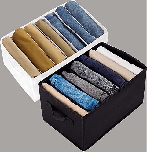Wardrobe Clothes Organizer for Folded Clothes, Upgrade Closet Organizers With 7 Grids Clothes Folding Storage with Handle Cotton Fabric Closet Storage 2PC (Gray and Beige Cotton Material) (oxford fabric)