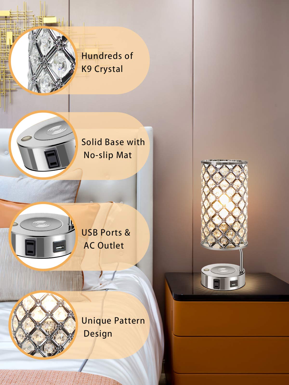 Touch Control Crystal Table Lamp, 3 Way Dimmable Wireless Charging Table Lamp, USB Bedside Light with Crystal Shade, Modern Nightstand Lamps for Bedroom Living Room (Bulb Included) (Silver)