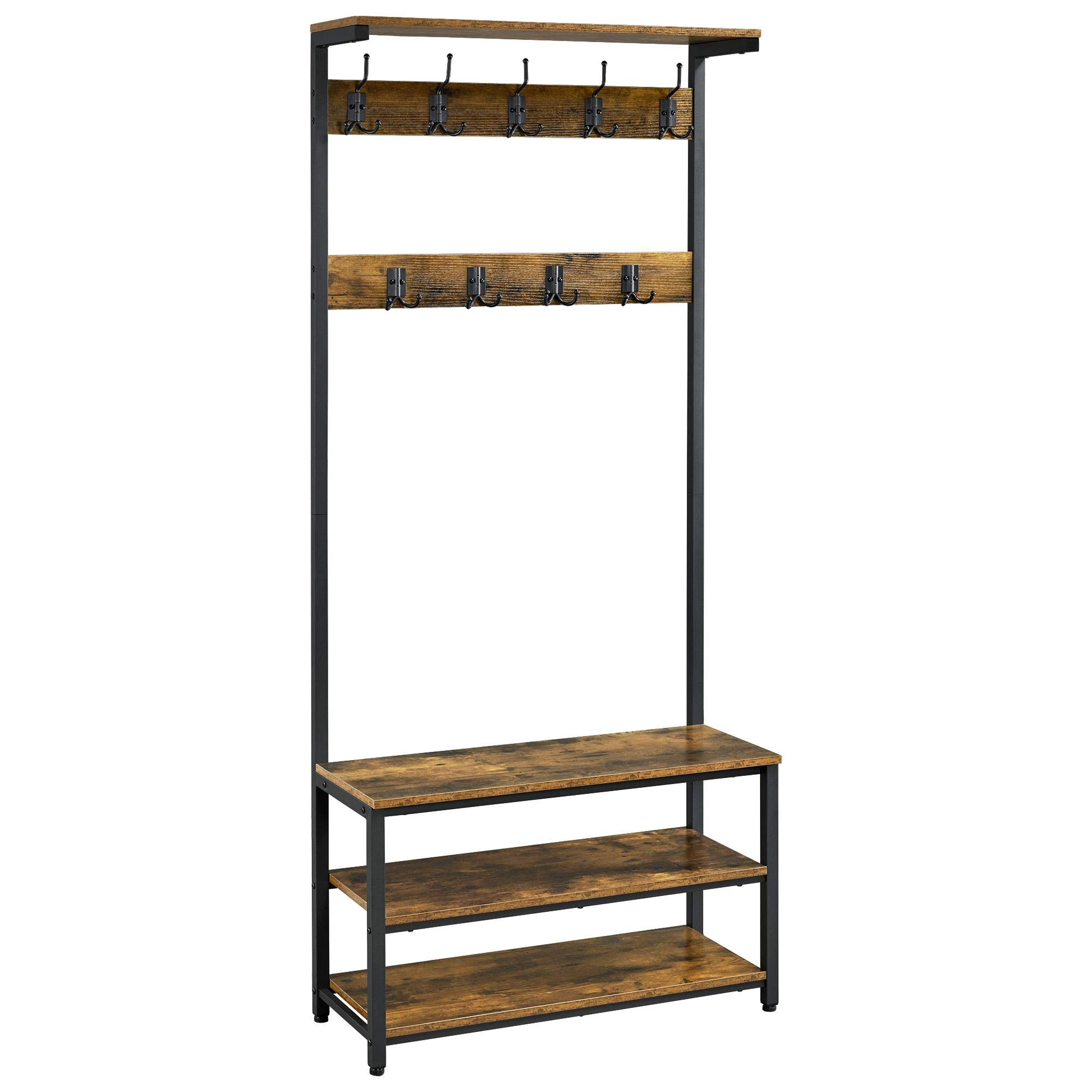 Yaheetech 3-in-1 Design Hall Tree Coat Rack Shoe Bench with 23 Hooks, Entryway Storage Shelf Bench with Metal Frame, Industrial Accent Furniture for Mudroom & Hallway, Easy Assembly, Rustic Brown