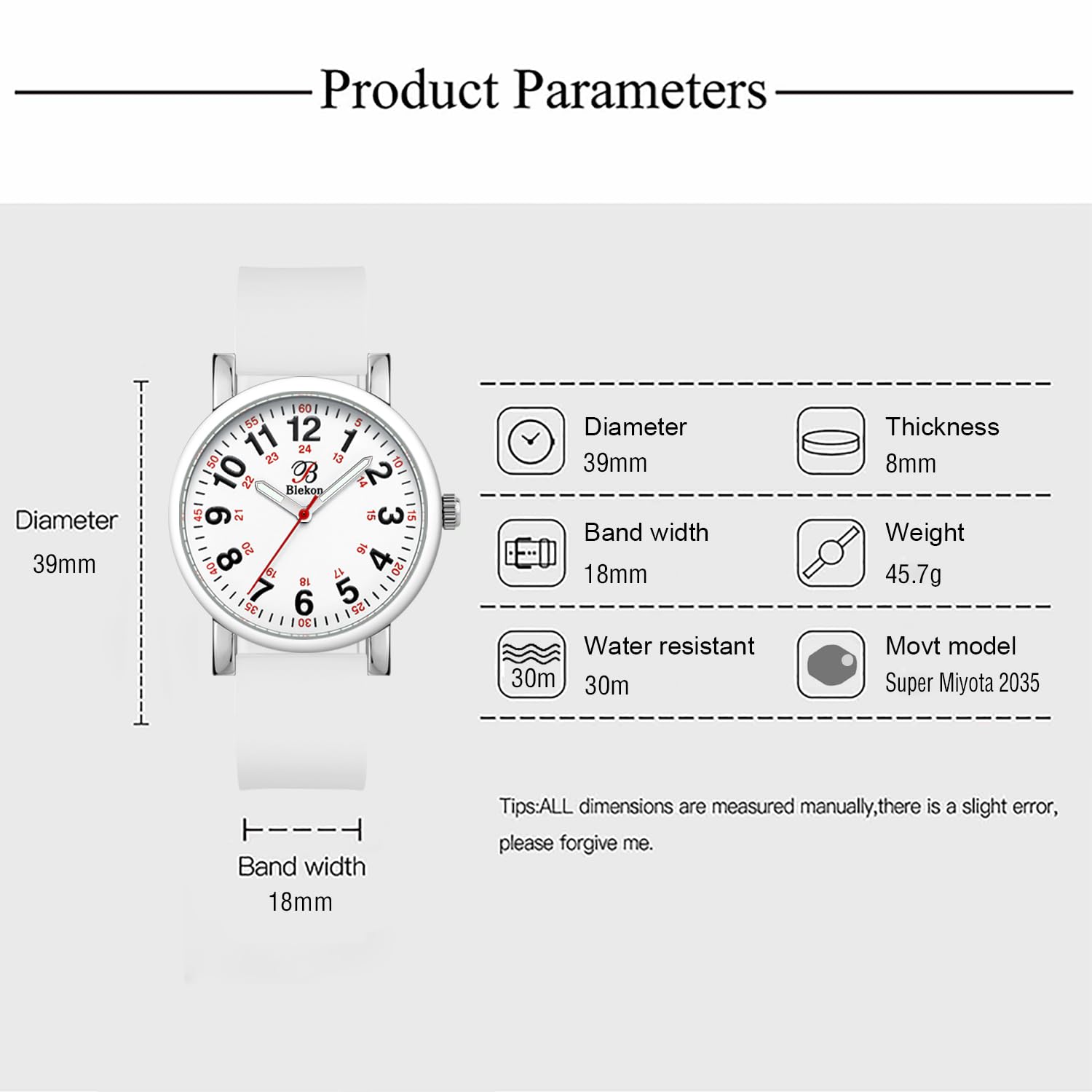 Blekon Original Nurse Watch for Medical Professionals and Scholars – Various Scrub Colors, Easy Read Dial, Military Time with Second Hand, Silicone Band, 3 ATM Water Resistant