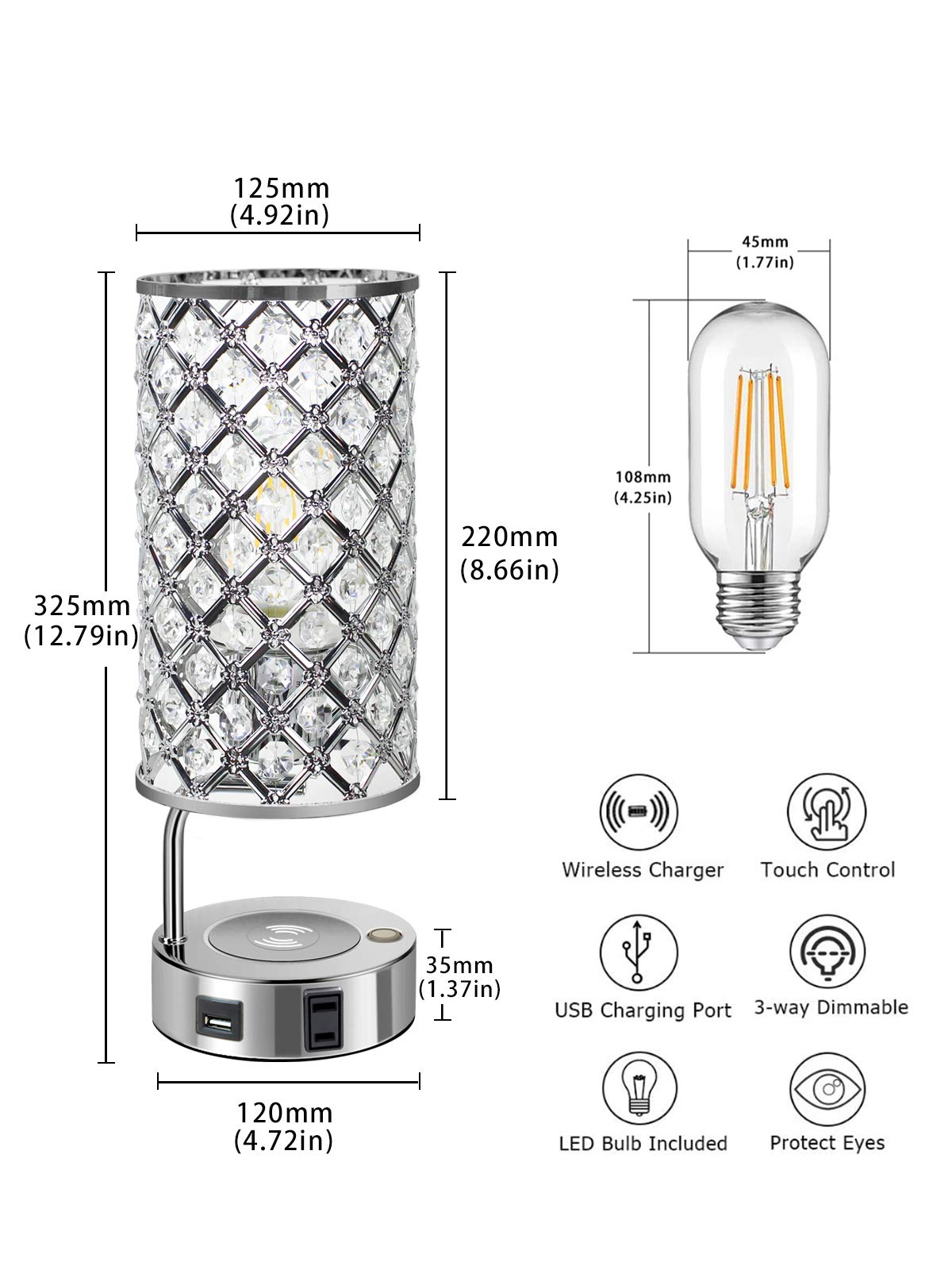 Touch Control Crystal Table Lamp, 3 Way Dimmable Wireless Charging Table Lamp, USB Bedside Light with Crystal Shade, Modern Nightstand Lamps for Bedroom Living Room (Bulb Included) (Silver)