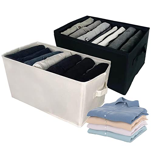 Wardrobe Clothes Organizer for Folded Clothes, Upgrade Closet Organizers With 7 Grids Clothes Folding Storage with Handle Cotton Fabric Closet Storage 2PC (Gray and Beige Cotton Material) (oxford fabric)