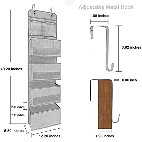 2 Pack Behind The Door Storage Organizer with 5-Shelf, Wall Mount Clear Windows, & 4 Metal Hooks for Pantry, Nursery, Bedroom, Bathroom, Kitchen, Closet, Dorm (Grey), 49.2'' (H)x12.2'' (W)x5.5'' (D)