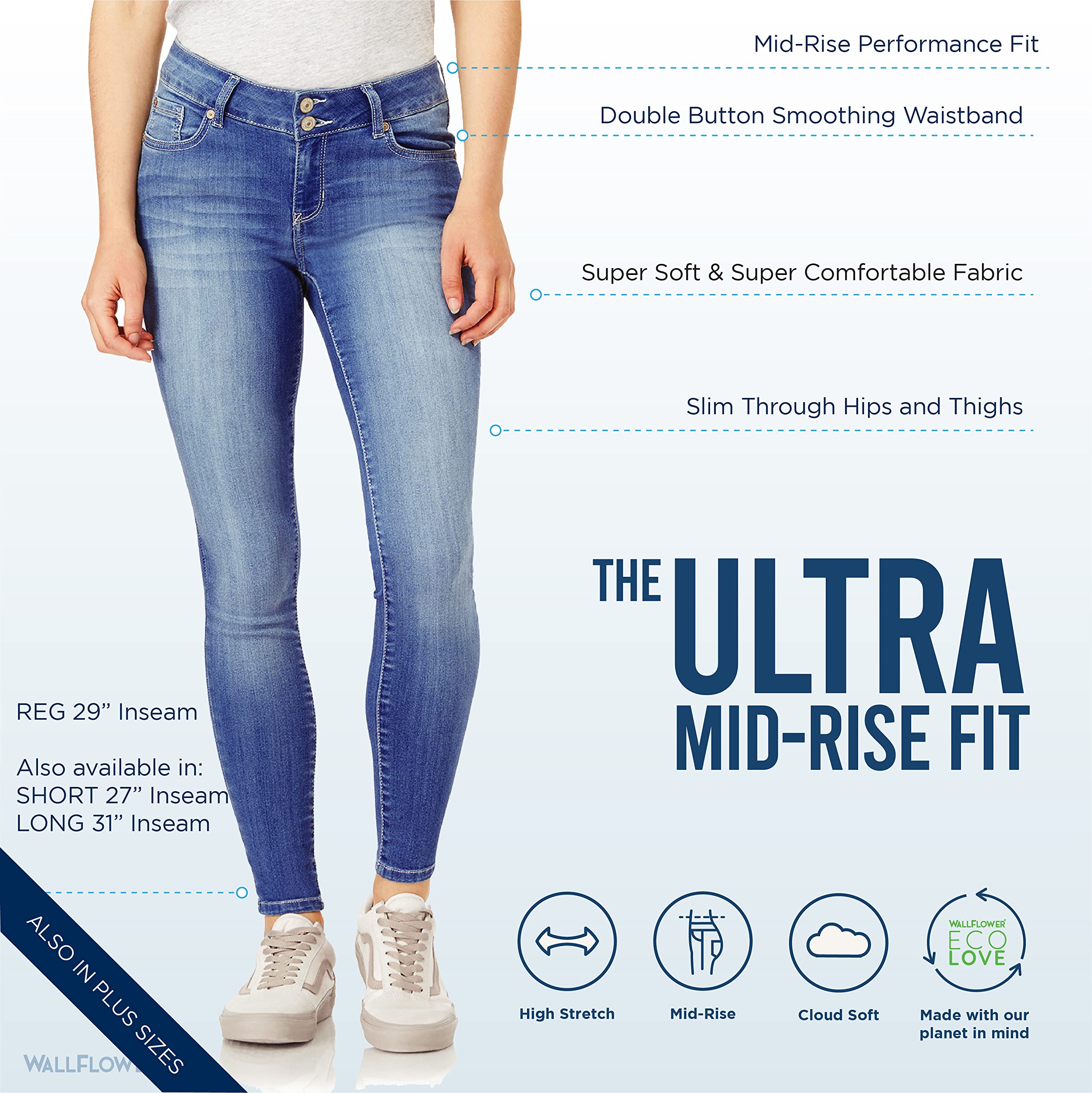 WallFlower Women's Ultra Skinny Mid-Rise Insta Soft Juniors Jeans (Standard and Plus), Amal Pure, 5 Long