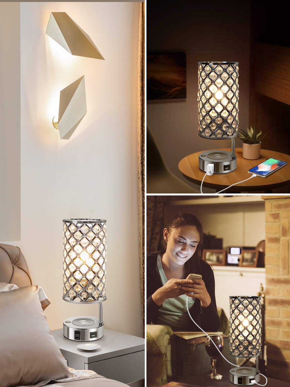 Touch Control Crystal Table Lamp, 3 Way Dimmable Wireless Charging Table Lamp, USB Bedside Light with Crystal Shade, Modern Nightstand Lamps for Bedroom Living Room (Bulb Included) (Silver)