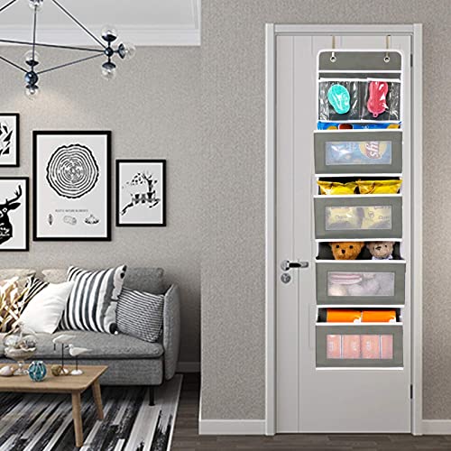 2 Pack Behind The Door Storage Organizer with 5-Shelf, Wall Mount Clear Windows, & 4 Metal Hooks for Pantry, Nursery, Bedroom, Bathroom, Kitchen, Closet, Dorm (Grey), 49.2'' (H)x12.2'' (W)x5.5'' (D)