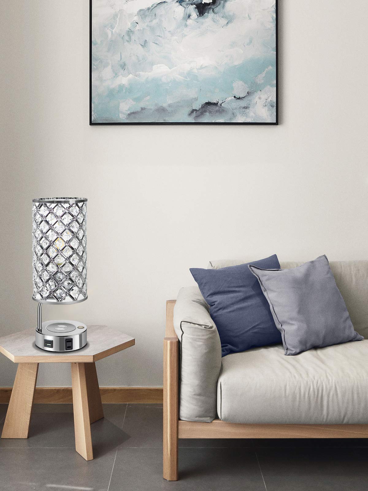 Touch Control Crystal Table Lamp, 3 Way Dimmable Wireless Charging Table Lamp, USB Bedside Light with Crystal Shade, Modern Nightstand Lamps for Bedroom Living Room (Bulb Included) (Silver)