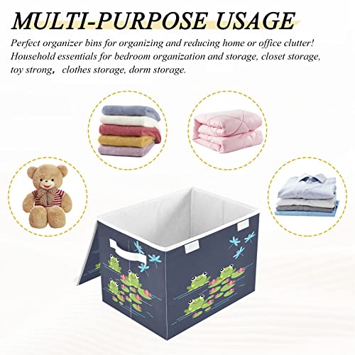 Krafig Cartoon Funny Animal Frog Foldable Storage Box Large Cube Organizer Bins Containers Baskets with Lids Handles for Closet Organization, Shelves, Clothes, Toys