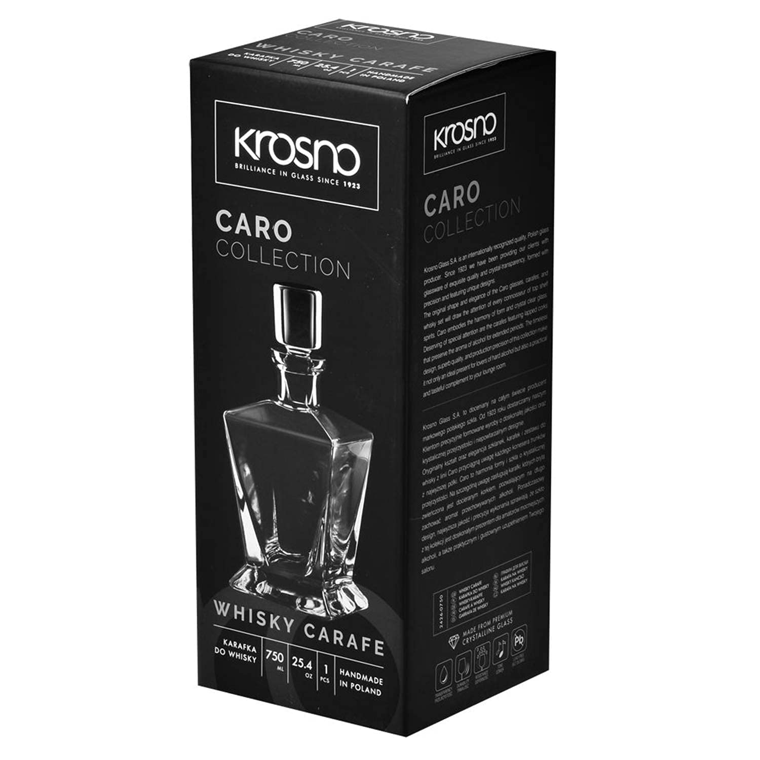 Krosno Whiskey Decanter Carafe with Stopper | 25.4 oz | Caro Collection | Home Restaurants Parties | Gift Idea Wedding Bar Mitzvah | Made in Europe