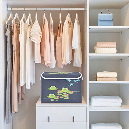 Krafig Cartoon Funny Animal Frog Foldable Storage Box Large Cube Organizer Bins Containers Baskets with Lids Handles for Closet Organization, Shelves, Clothes, Toys