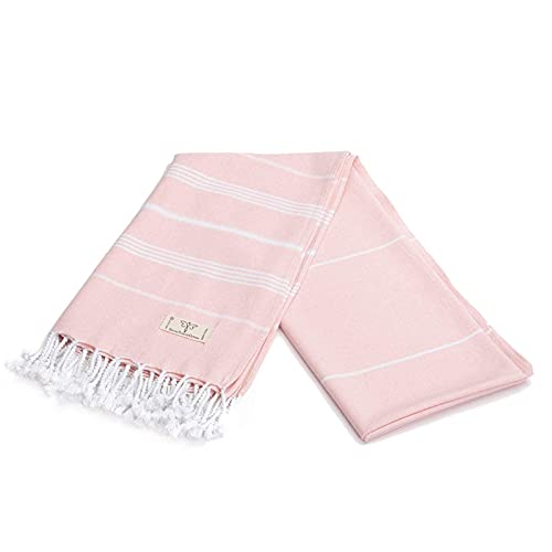 SMYRNA TURKISH COTTON Classical Series Beach Towel | 71 x 37 in 100% Cotton | Extra Large Wearable Turkish Bath Towel | Made in Turkey | No Shrink | Premium Luxury Striped Linen - Blush Pink