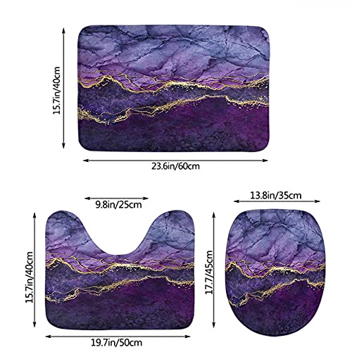 WONDERTIFY Digital Marbled Surface Bathroom Antiskid Pad Marbling Stone Texture Violet Blue Purple Marble Golden Veins 3 Pieces Bathroom Rugs Set, Bath Mat+Contour+Toilet Lid Cover
