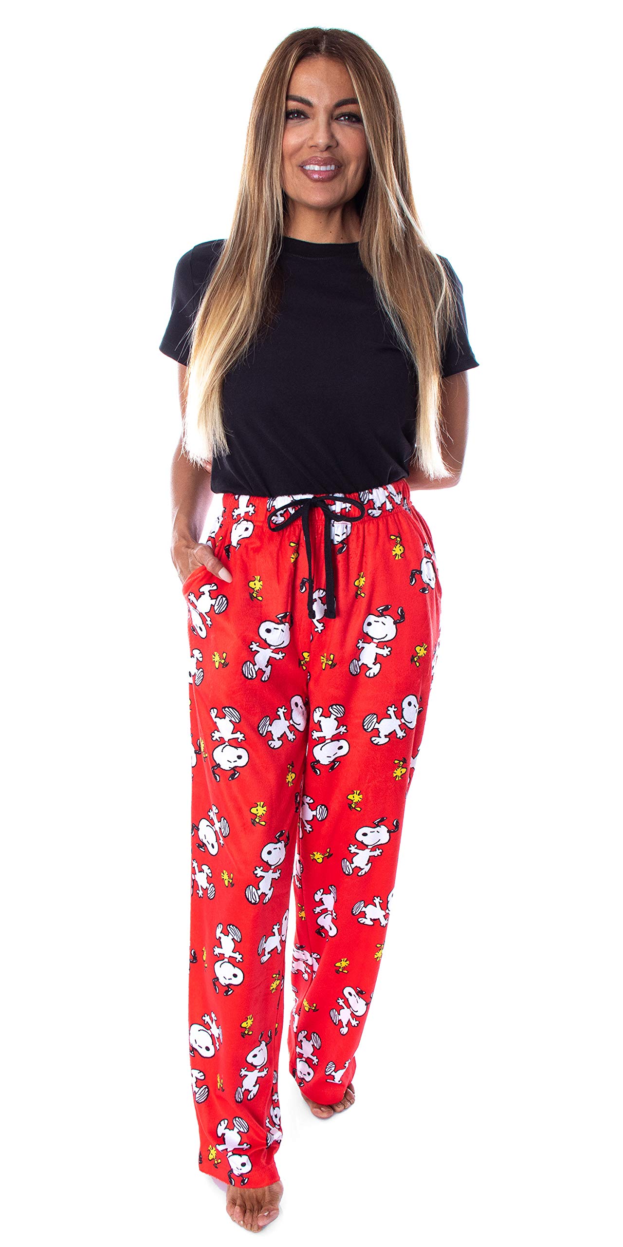 Peanuts Women's Snoopy and Woodstock Allover Print Smooth Touch Fleece Sleep Bottoms Lounge Pajama Pants (Medium)