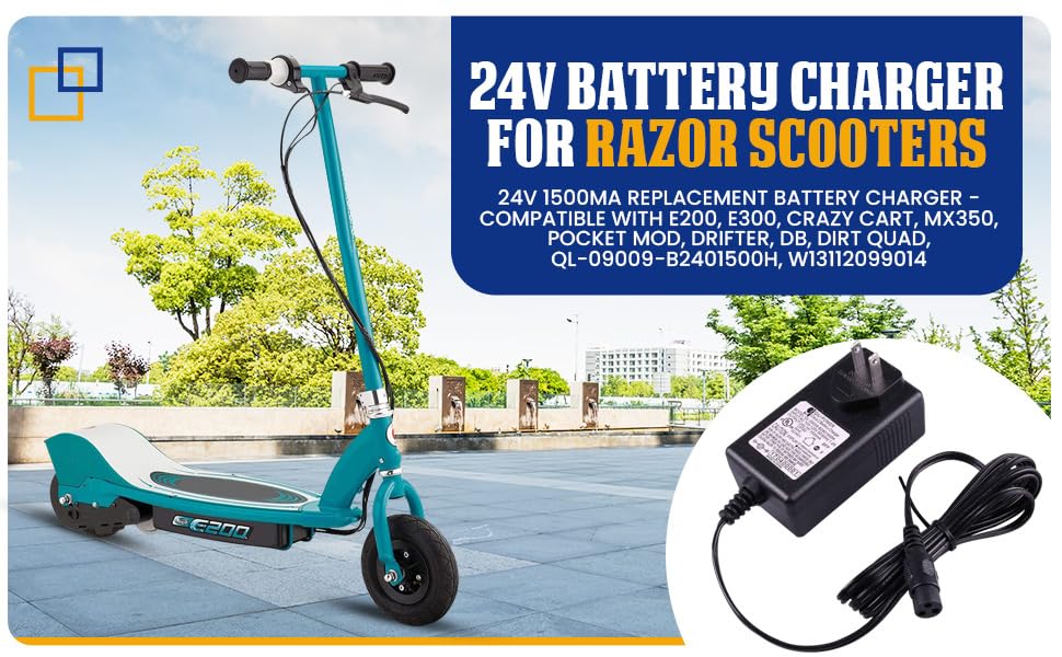 24V Battery Charger for Razor - 24V 1500mA Replacement Battery Charger - Compatible with E200, E300, Crazy Cart, MX350, Pocket Mod, Drifter, DB, Dirt Quad, QL-09009-B2401500H, W13112099014