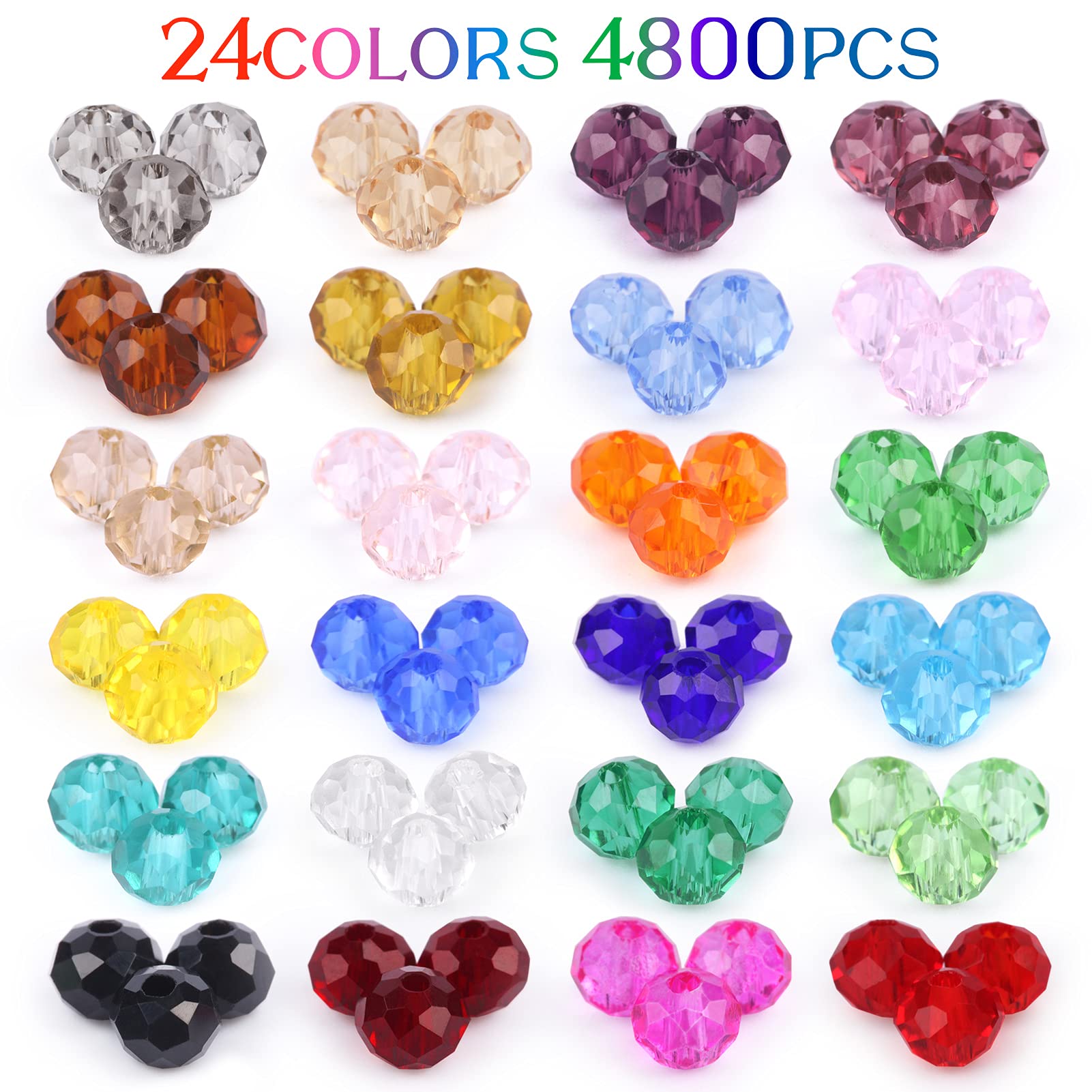 Suhome 4800pcs 4mm Rhombus Crystal Glass Beads 24 Colors Faceted Small Bracelet Beads Bulk for Jewelry Making Pure and Bright