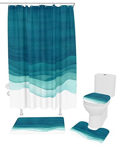4 Pcs Shower Curtain Set with 12 Hooks Watercolor Teal and White Gradient Bathroom Sets with Non-Slip Bath Mat Toilet Lid Cover Waterproof Durable Shower Curtain and Rugs