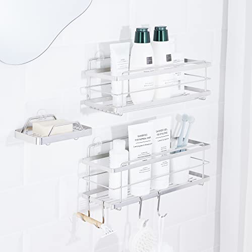 KINCMAX Shower Caddy and Soap Holder, Rustproof SUS304 Stainless Steel, Adhesive Wall Mount Double Baskets 2-pack with Hooks (Polished Silver)