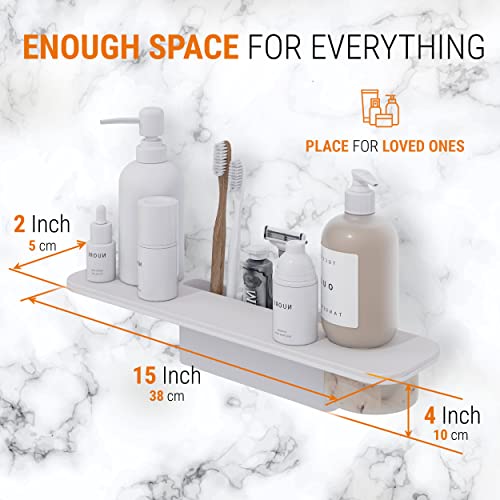 KUKAKETA Bathroom Organizer Shelf with Toothbrush Holders, Soap Dish, Shower Caddy Bathroom Shelves Wall Mounted Shower Shelf Space Saver Bathroom Storage - Adhesive or Drilling (white - light gray)