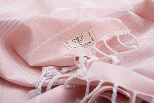 SMYRNA TURKISH COTTON Classical Series Beach Towel | 71 x 37 in 100% Cotton | Extra Large Wearable Turkish Bath Towel | Made in Turkey | No Shrink | Premium Luxury Striped Linen - Blush Pink
