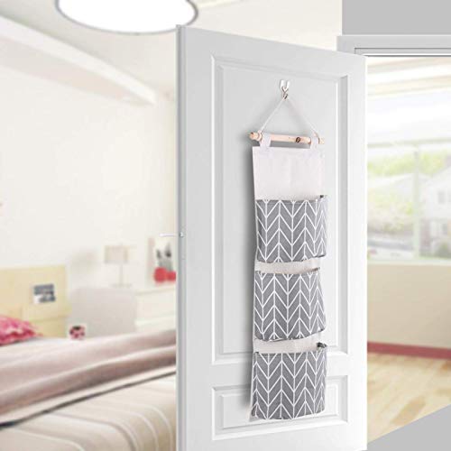 Oumefar 3 Pockets Hanging Pouch Cotton Linen Wall Hanging Storage Bags Door Pouch Bedroom Home Office Organizer 20x67cm(Gray)