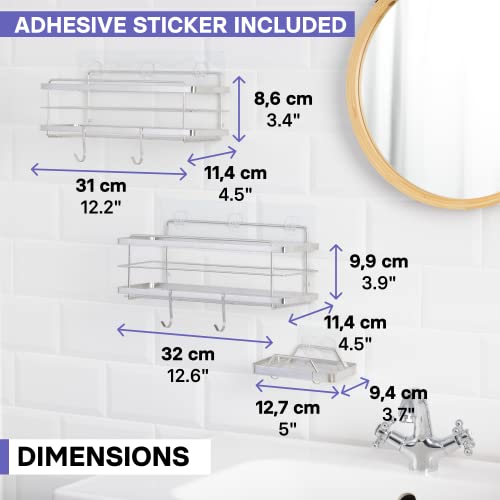 KINCMAX Shower Caddy and Soap Holder, Rustproof SUS304 Stainless Steel, Adhesive Wall Mount Double Baskets 2-pack with Hooks (Polished Silver)