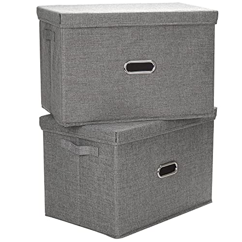 Wondersen Larger Collapsible Storage Bins with Lid (17.3x11.8x11.4 inch) Linen Fabric Clothing Storage Box Closet Organizer for Clothes Shoes Books and office stuff Light Weight 2 Pack, Grey