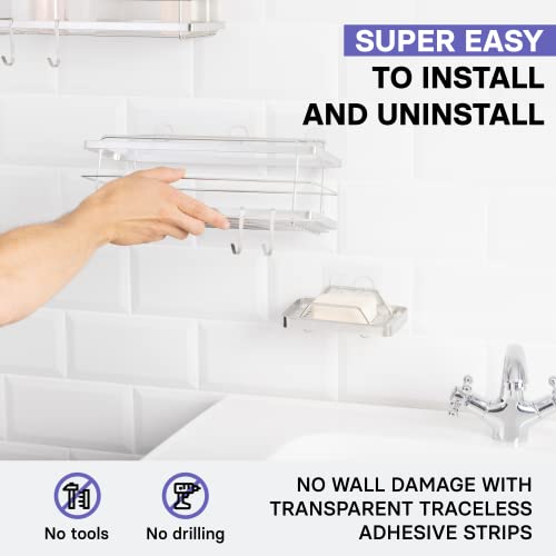 KINCMAX Shower Caddy and Soap Holder, Rustproof SUS304 Stainless Steel, Adhesive Wall Mount Double Baskets 2-pack with Hooks (Polished Silver)