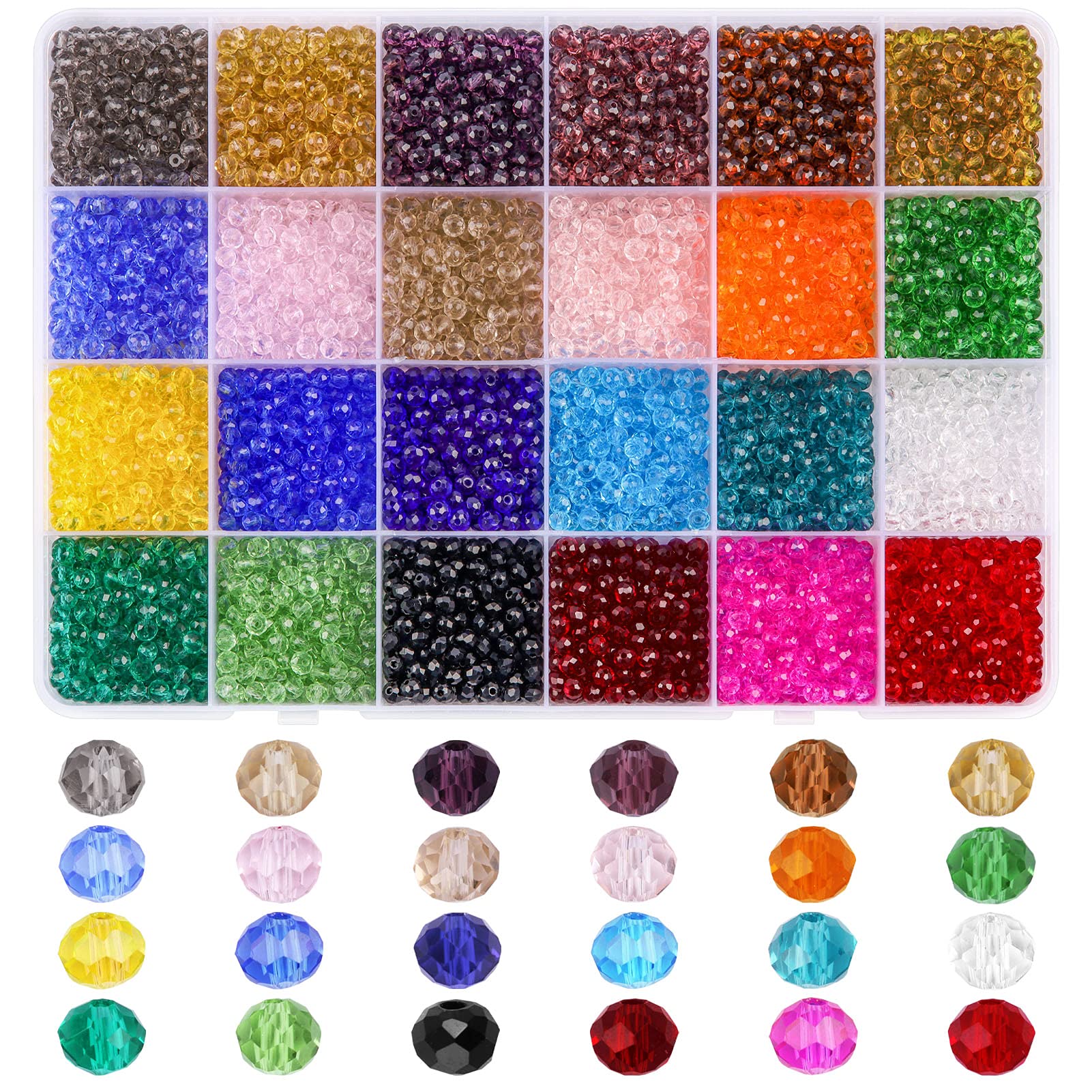 Suhome 4800pcs 4mm Rhombus Crystal Glass Beads 24 Colors Faceted Small Bracelet Beads Bulk for Jewelry Making Pure and Bright