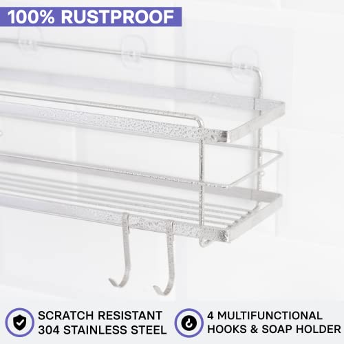 KINCMAX Shower Caddy and Soap Holder, Rustproof SUS304 Stainless Steel, Adhesive Wall Mount Double Baskets 2-pack with Hooks (Polished Silver)