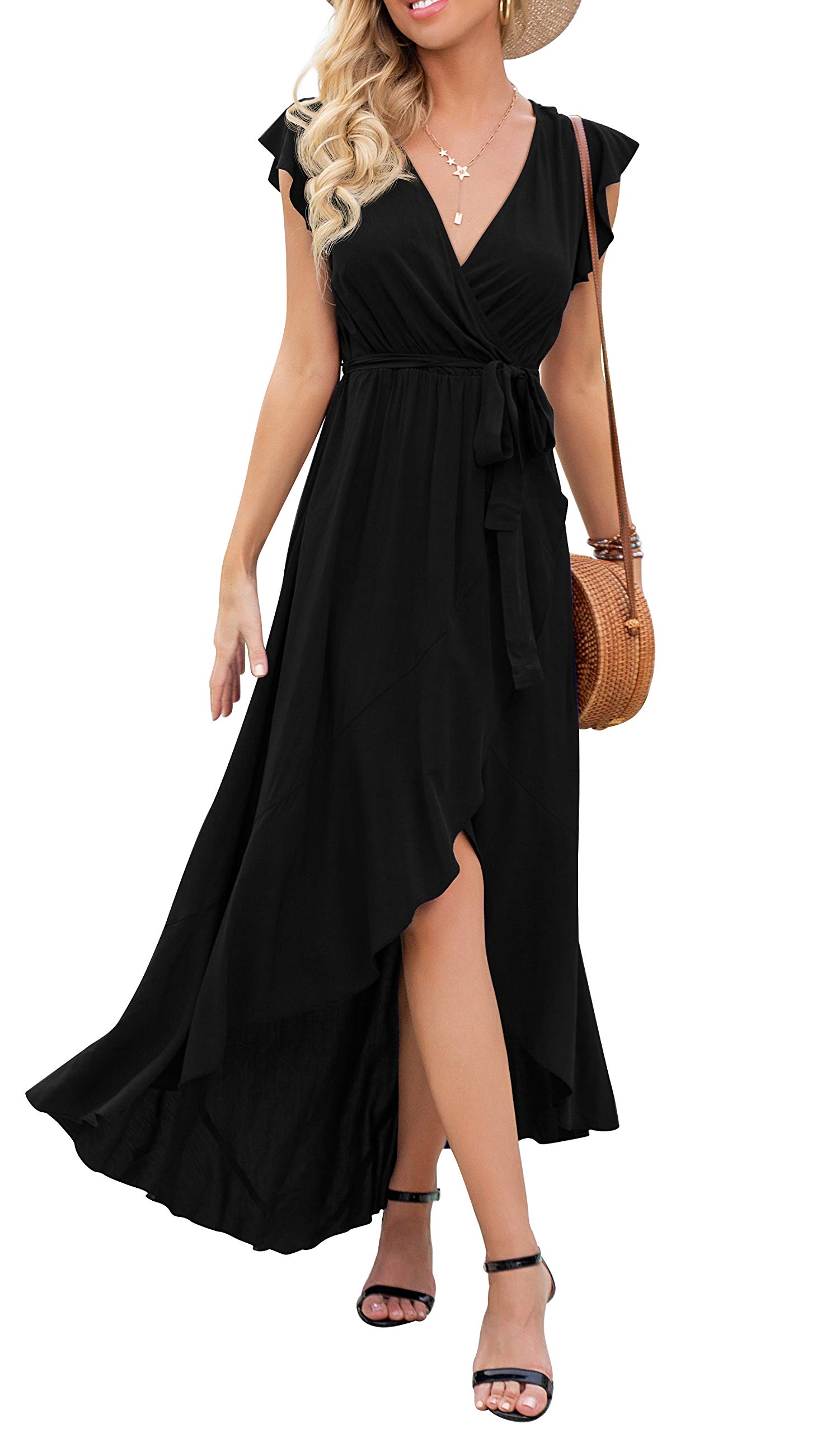 GRECERELLE Women's Summer Casual Cross V Neck Dress Bohemian Flowy Long Maxi Dress Black-Medium